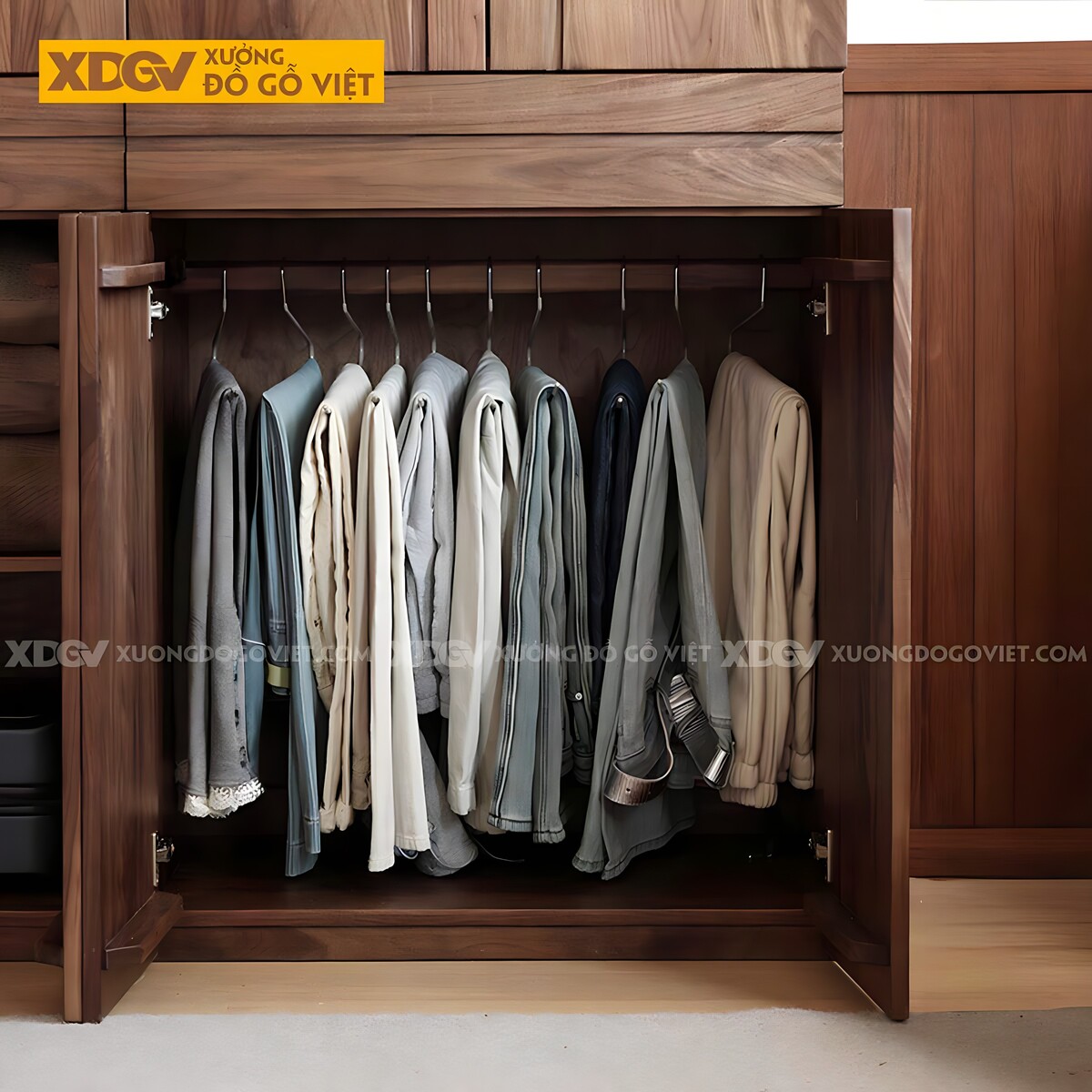 Tủ Quần Áo Gỗ Veneer Óc Chó 6 Cánh Nan Dọc Không Tay Nắm